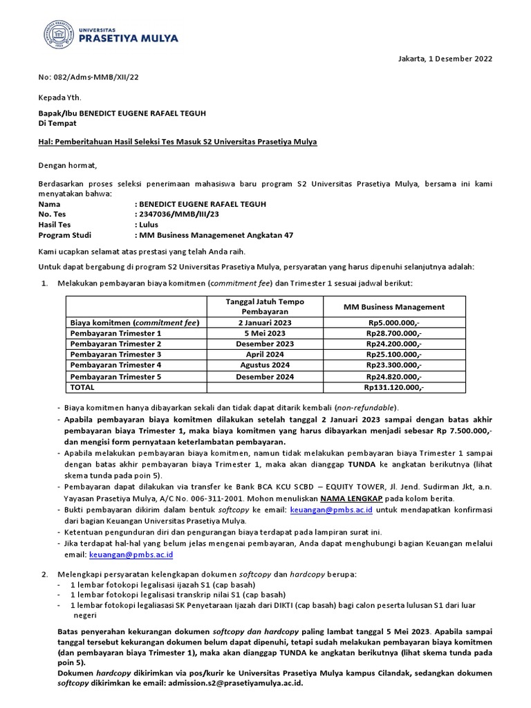 Surat Kelulusan MMB Benedict Eugene Rafael Teguh | PDF