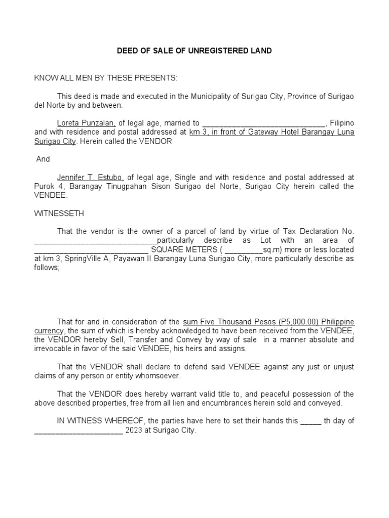 Deed of Sale of Unregistered Land | PDF