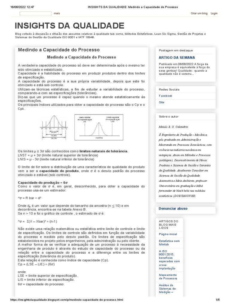 INSIGHTS DA QUALIDADE - Medindo A Capacidade Do Processo | PDF | Qualidade (negócios) | Gestão ...