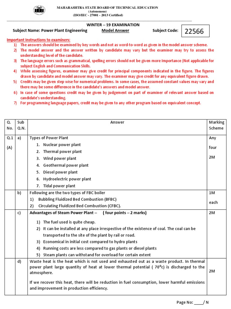 Power Plant Engineering Exam Model Answers | PDF