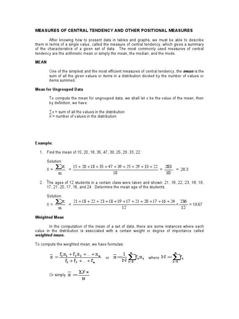 Measures of Central Tendency and Other Positional Measures | PDF | Arithmetic Mean | Average