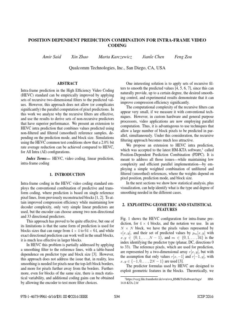 Position Dependent Prediction Combination For Intra-Frame Video | PDF ...