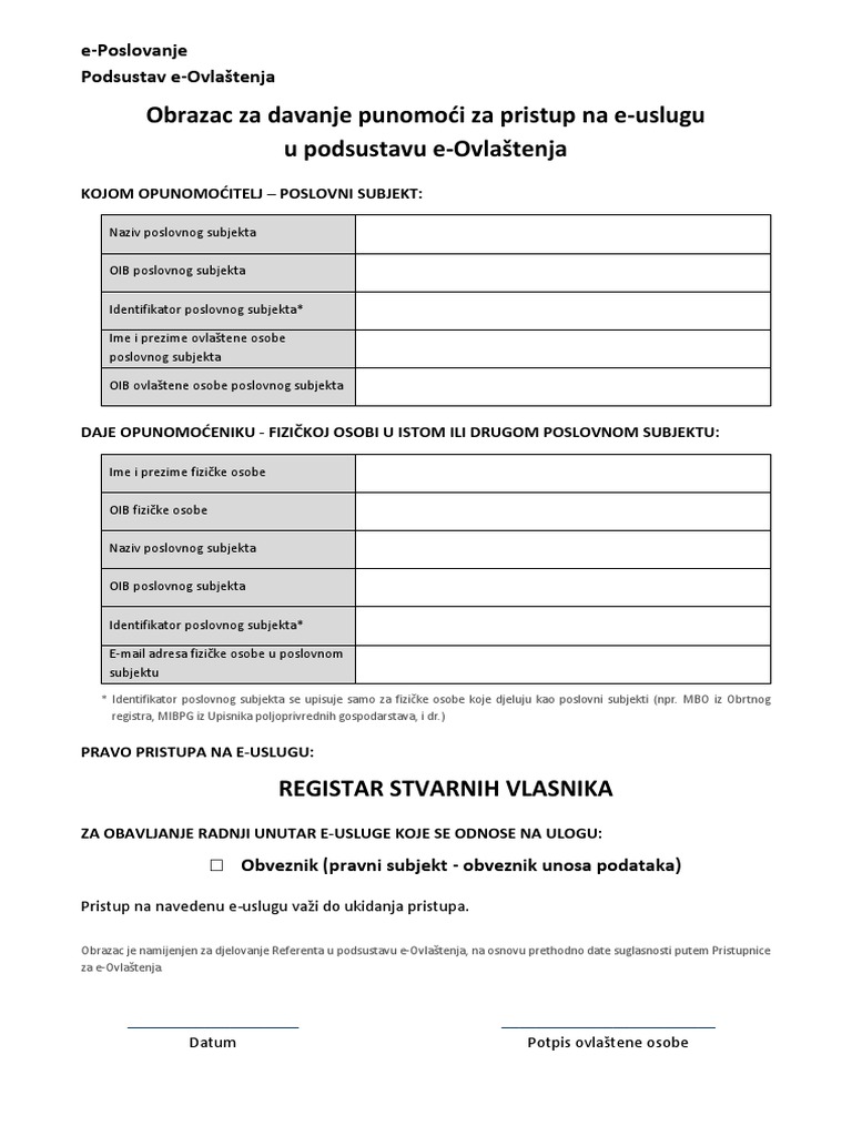 Obrazac Za Davanje Punomoći U Sustavu E-Ovlaštenja Za Pristup Na E ...