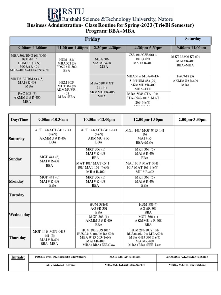 Class Routine, Spring 2023 (BBA MBA) | PDF