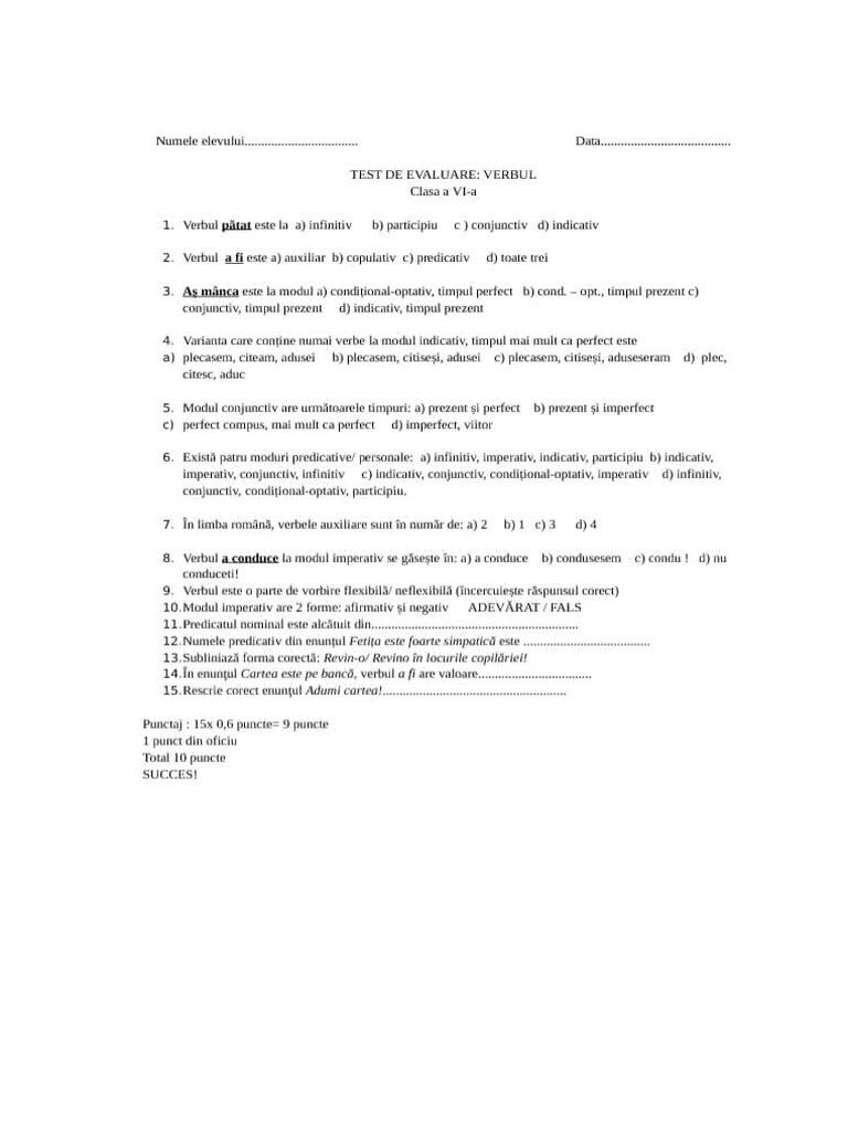 Verbul (Fișe de Lucru) Cls VI | PDF