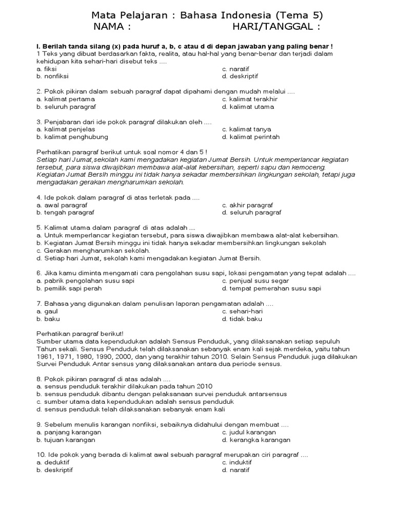 Kelas 5 Tema 5 Mapel Bahasa Indonesia | PDF