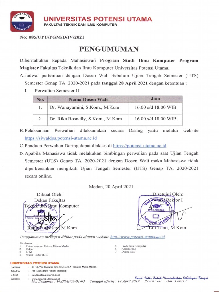Pengumuman Perwalian Sebelum UTS Semester Genap TA. 2020 2021 | PDF