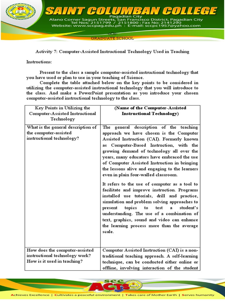 Activity 7 Computer Assisted Instructional Technology Used In Teaching