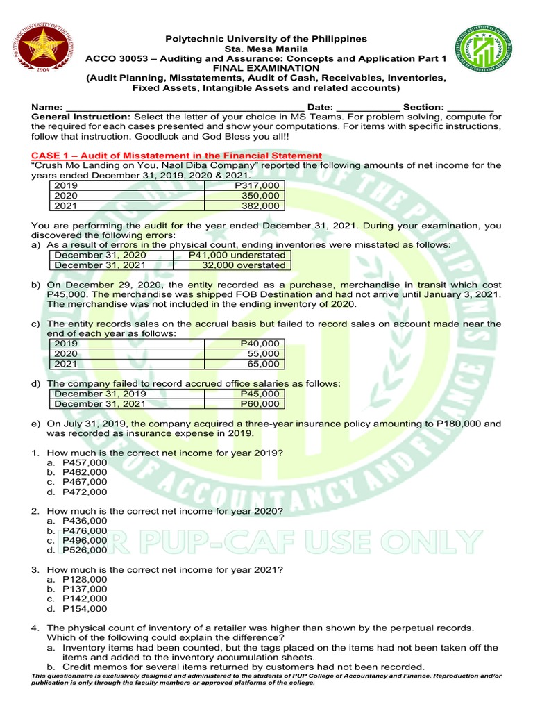 PUP ACCO 30053 Final Exam Questionnaire | PDF | Depreciation | Goodwill ...