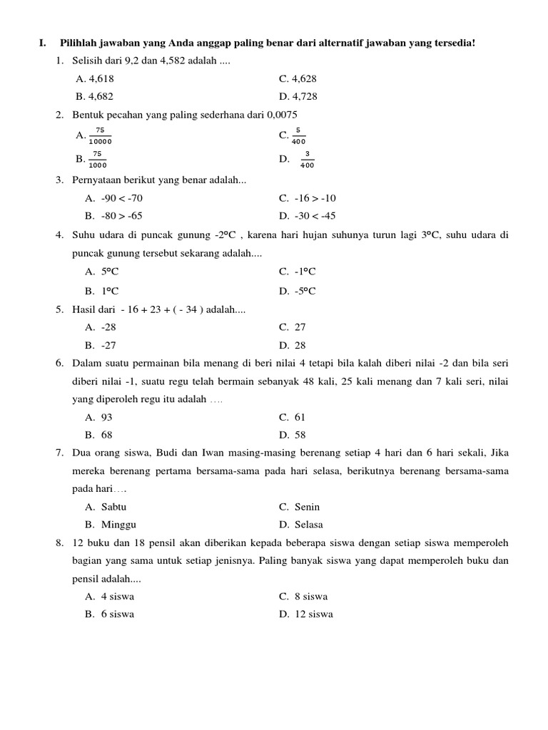 Soal PAS MTK Kelas 7 SEM 1 | PDF