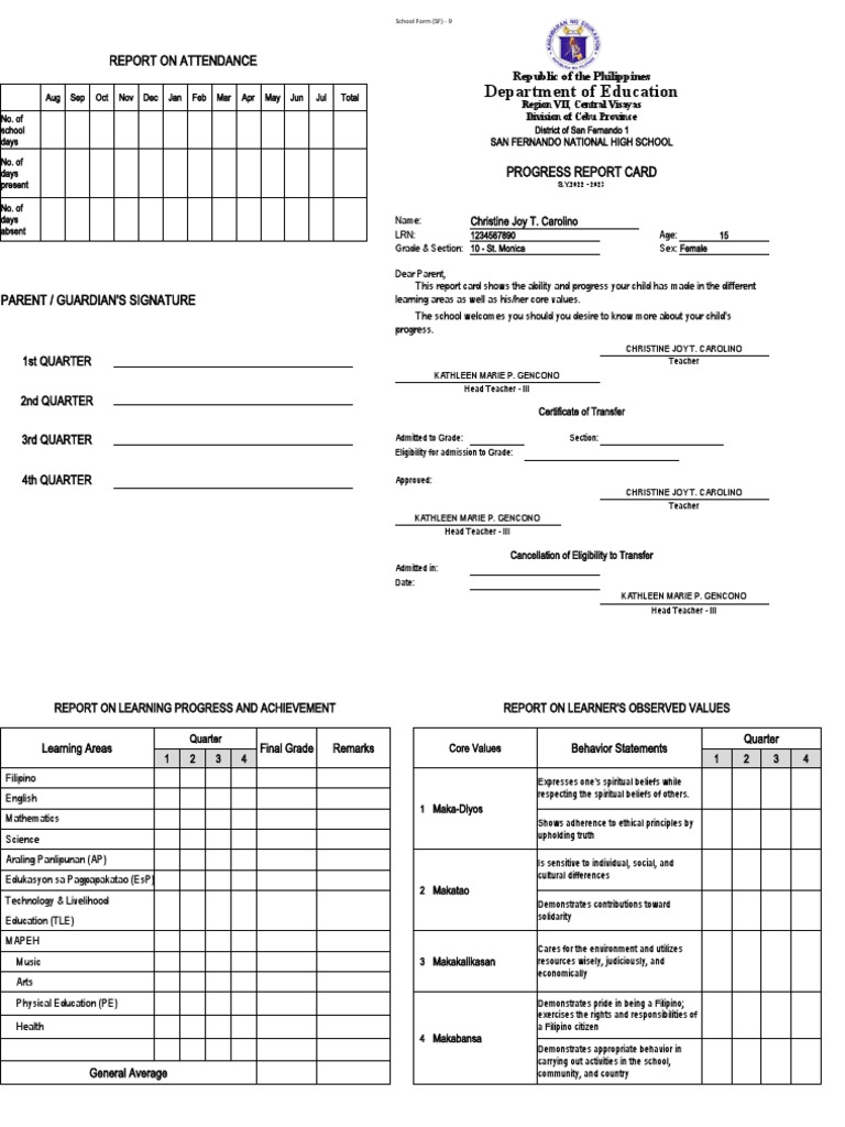 School Form SF 9 Unified | PDF | Science | Cognition