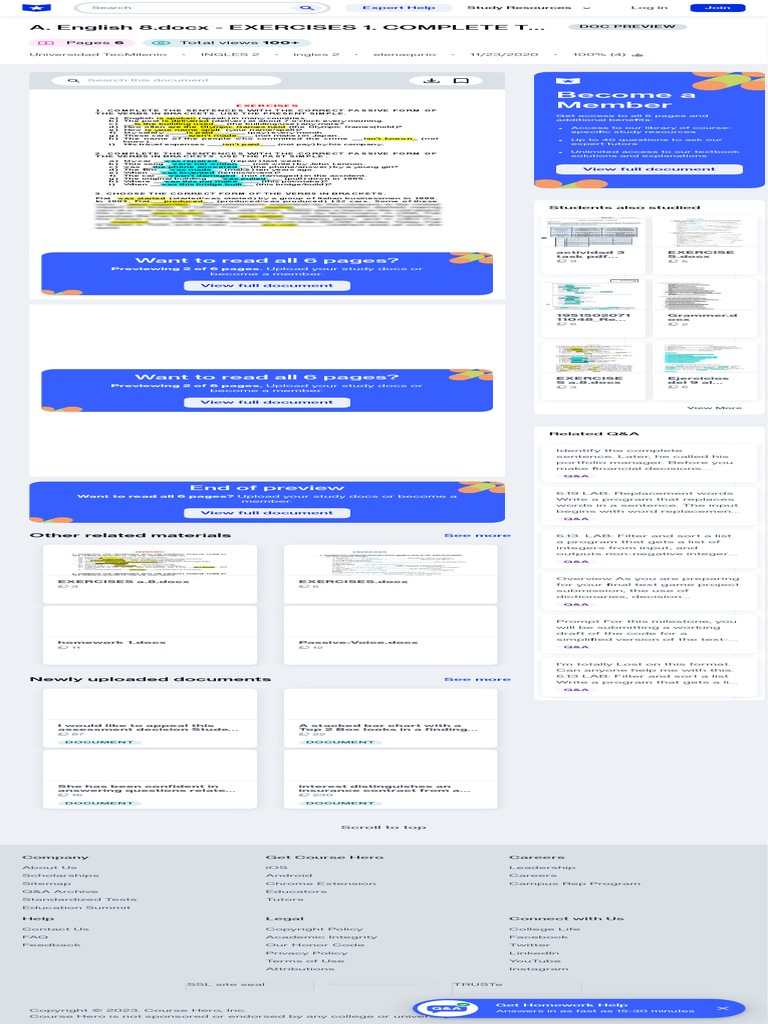 A. English 8.docx - EXERCISES 1. COMPLETE THE SENTENCES WITH THE CORRECT PASSIVE FORM OF THE ...