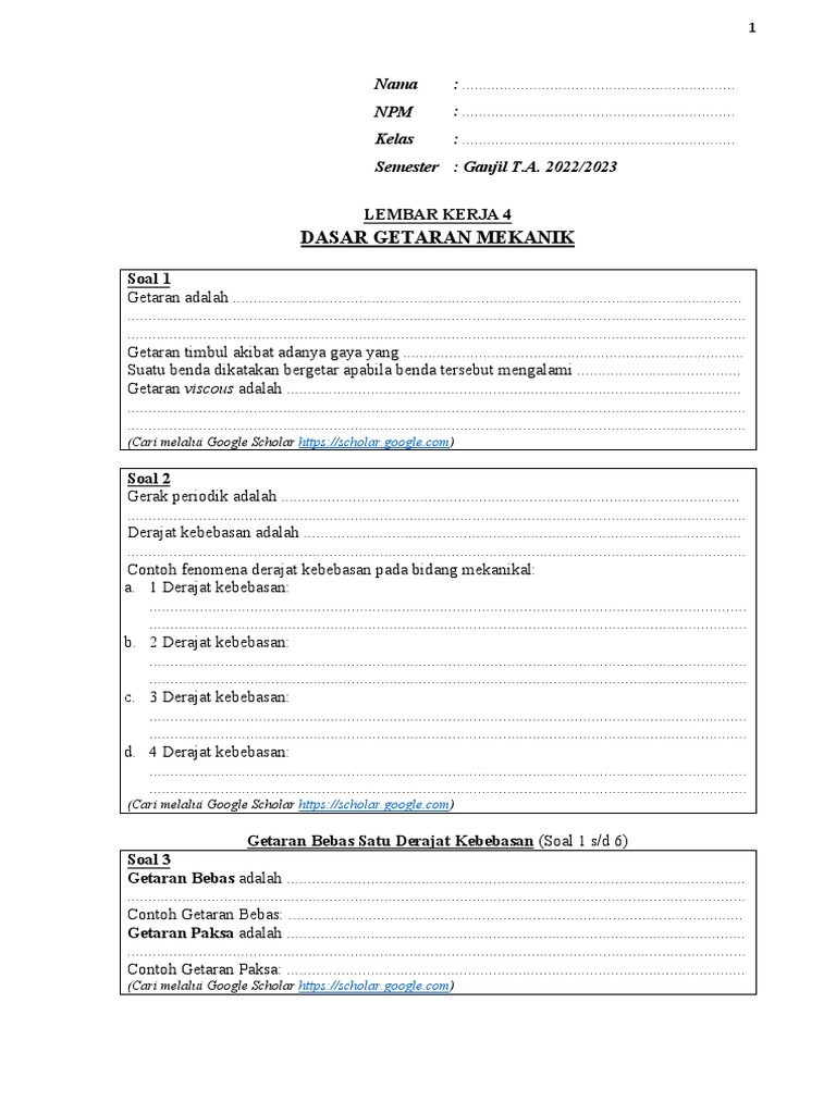 Dasar Getaran Mekanik: Lembar Kerja dan Soal | PDF