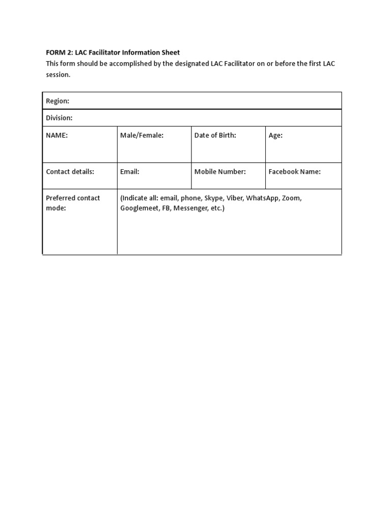 Form 2. LAC Facilitator Information Sheet | PDF