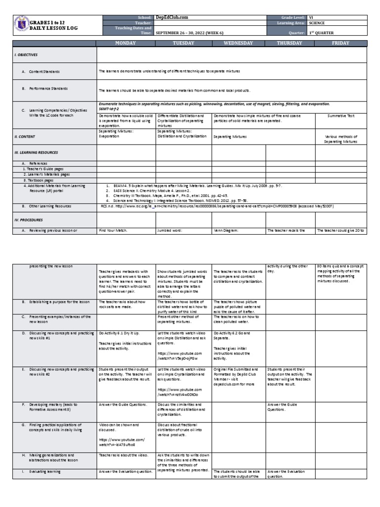 DLL - Science 6 - Q1 - W6 | PDF | Learning | Cognitive Science