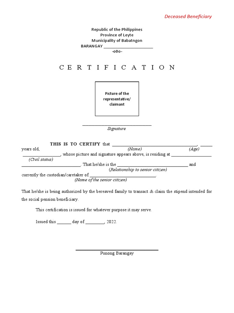 Barangay Certification of No Valid ID (for deceased bene) (1) | PDF