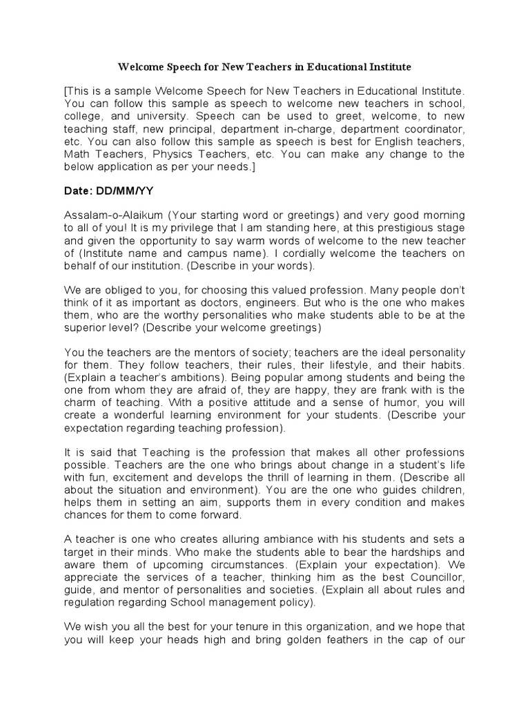 Welcome Speech For New Teachers in Educational Institute | PDF | Teachers | Behavior Modification
