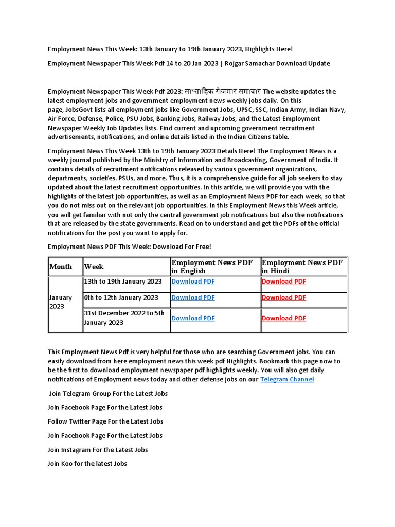 Weekly Employment News: Jan 13-19, 2023 | PDF | Newspapers | World Wide Web