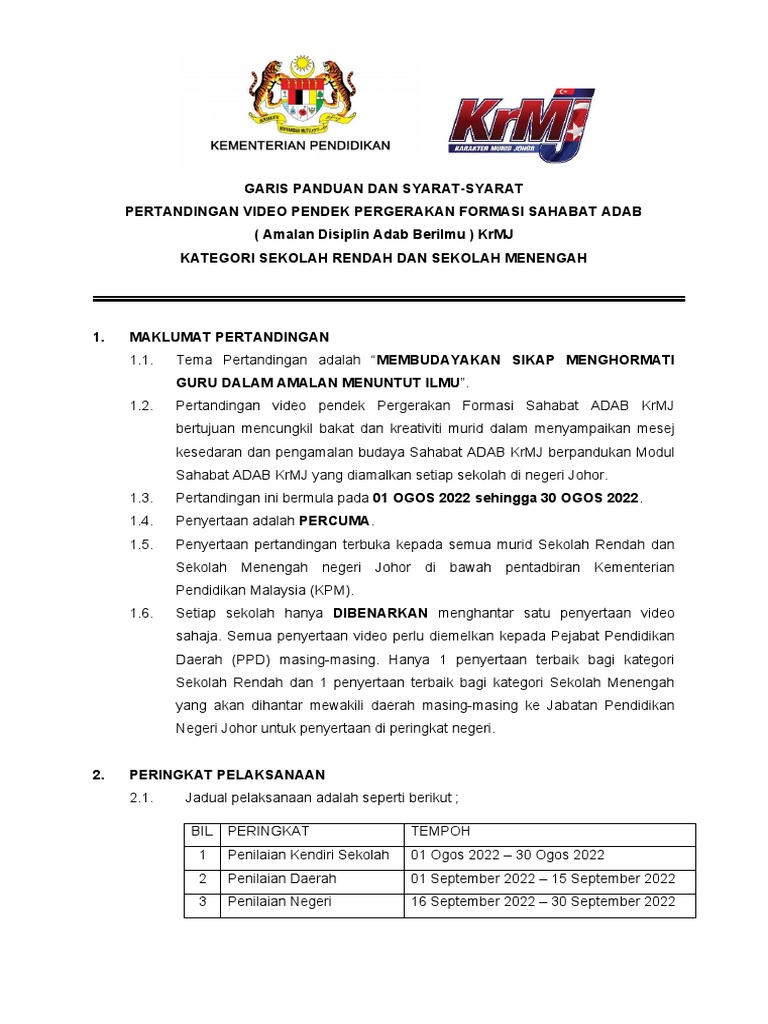 GARIS PANDUAN DAN SYARAT VIDEO PERTANDINGAN FORMASI SAHABAT ADAB KRMJ 2022 | PDF