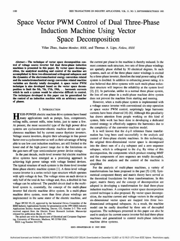 Space Vector PWM Control of Dual Three-Phase Induction Machine Using Vector Space Decomposition ...