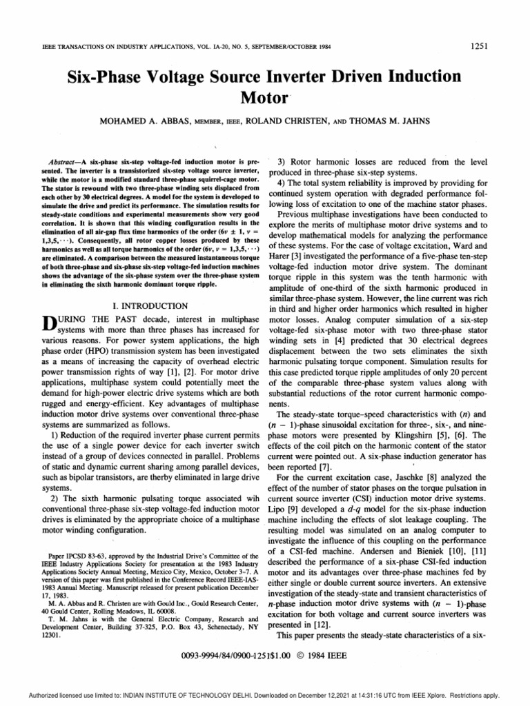 Six-Phase Voltage Source Inverter Driven Induction Motor | PDF | Electric Motor | Power Inverter