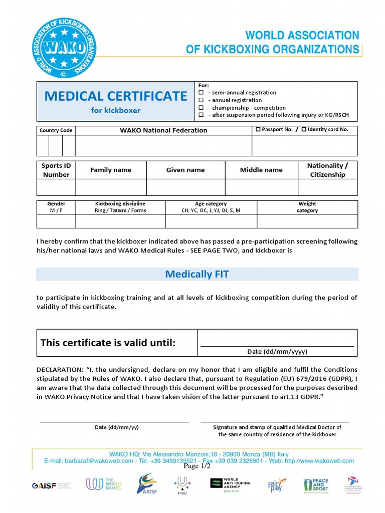 WAKO Medical Certificate Kickboxer 2021-v2 | PDF | Physical Examination ...