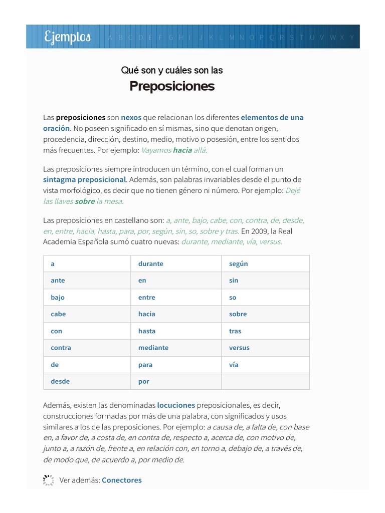 Lista completa de preposiciones en español | PDF | Preposición y ...