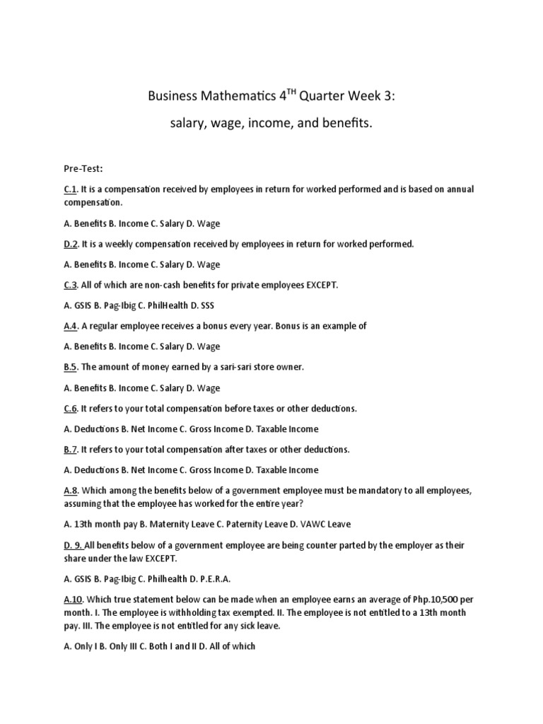 Business Mathematics 4TH Quarter Week 3 | PDF | Salary | Employment