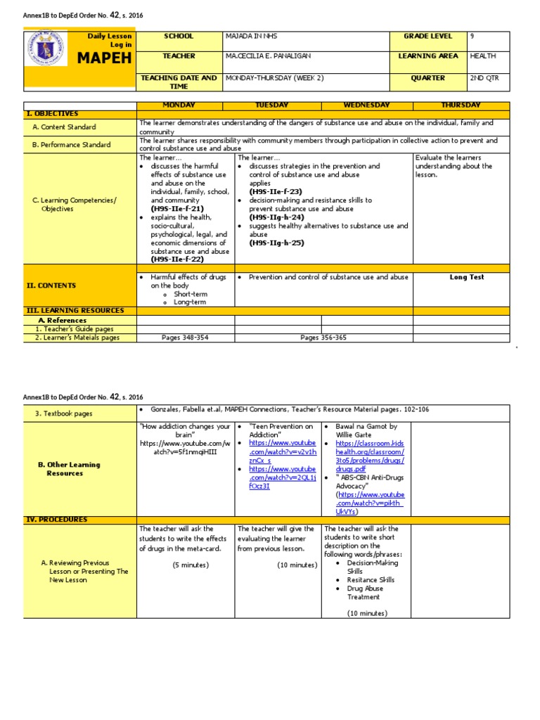 MAPEH Grade 9: Substance Abuse Lesson Plan | PDF | Substance Abuse ...