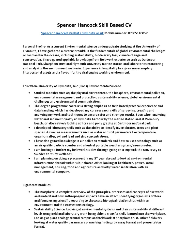 Spencer Hancock's Environmental CV | PDF
