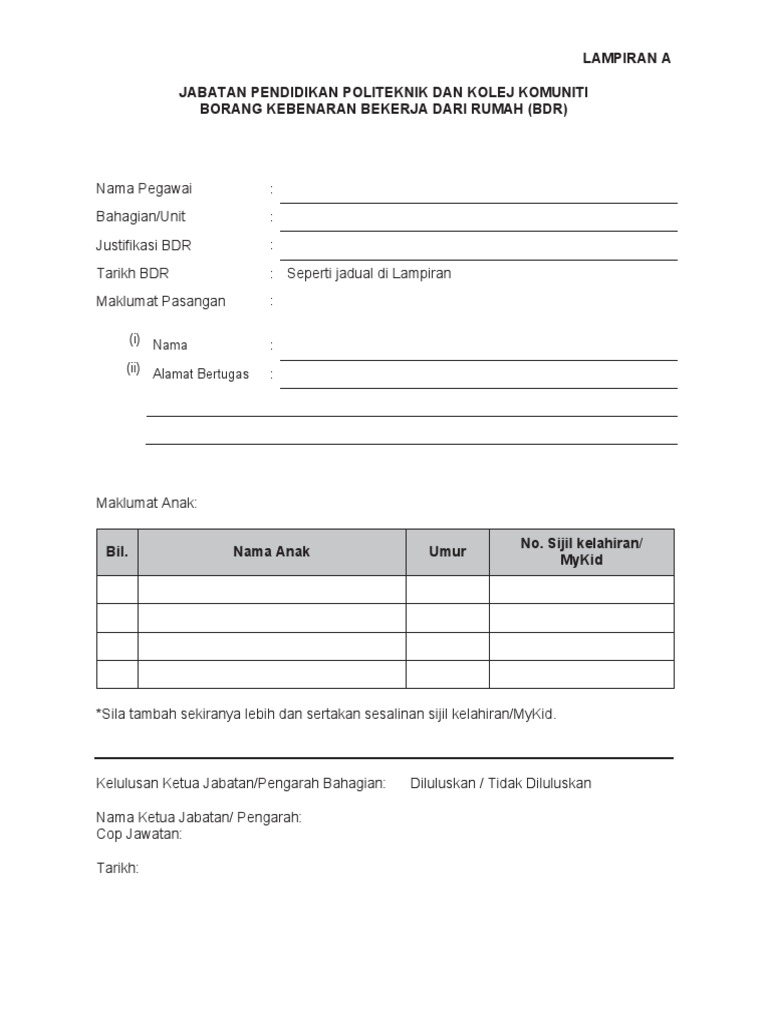 Borang Kebenaran Bekerja Dari Rumah (BDR) | PDF