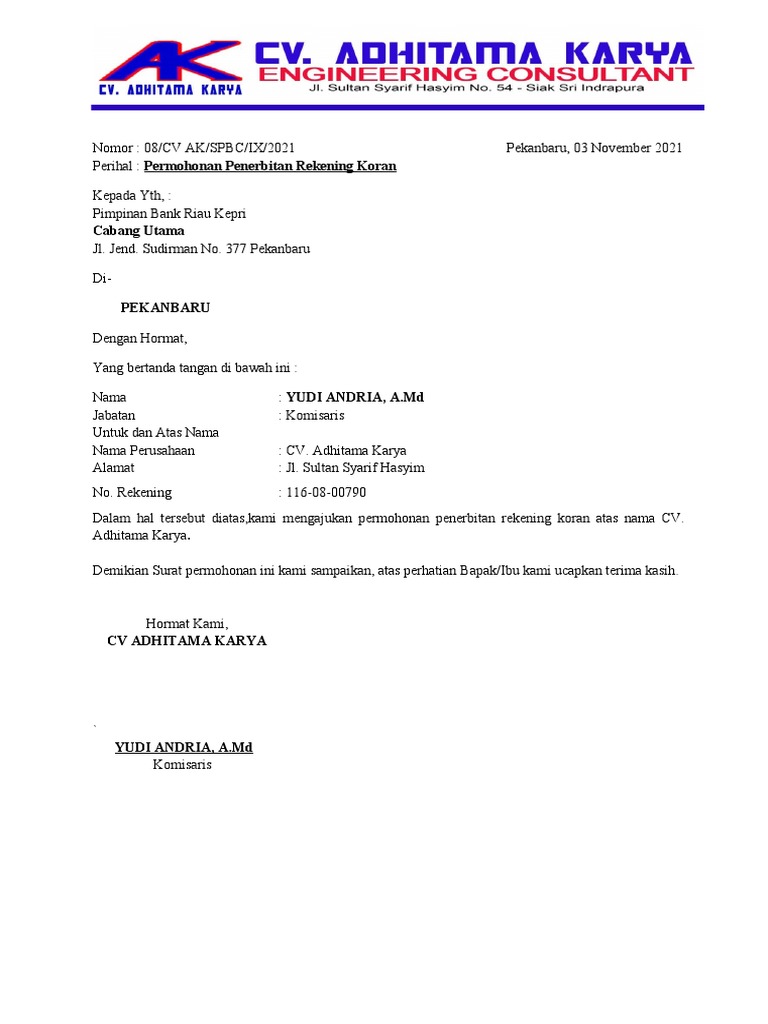 Permohonan Rekening Koran CV Adhitama Karya | PDF
