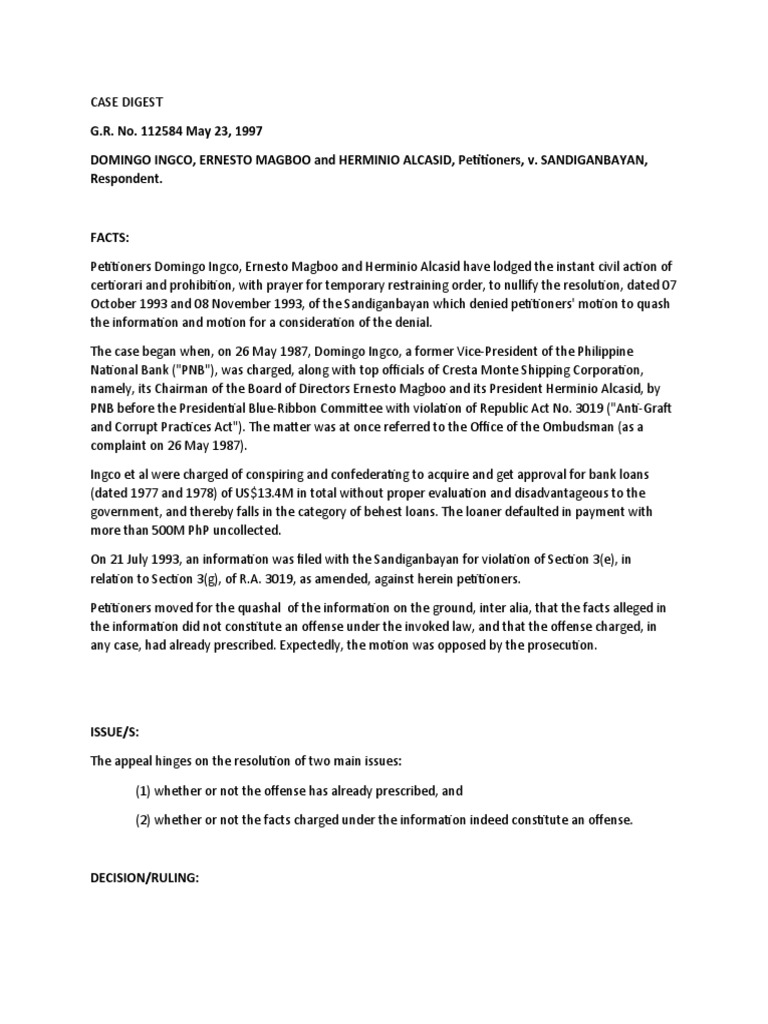Ingco vs. Sandiganbayan Case Digest | PDF | Complaint | Justice