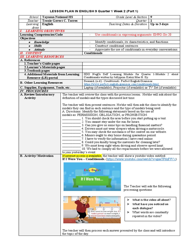 English 9 Lesson Plan: Conditionals | PDF | Learning | Teachers