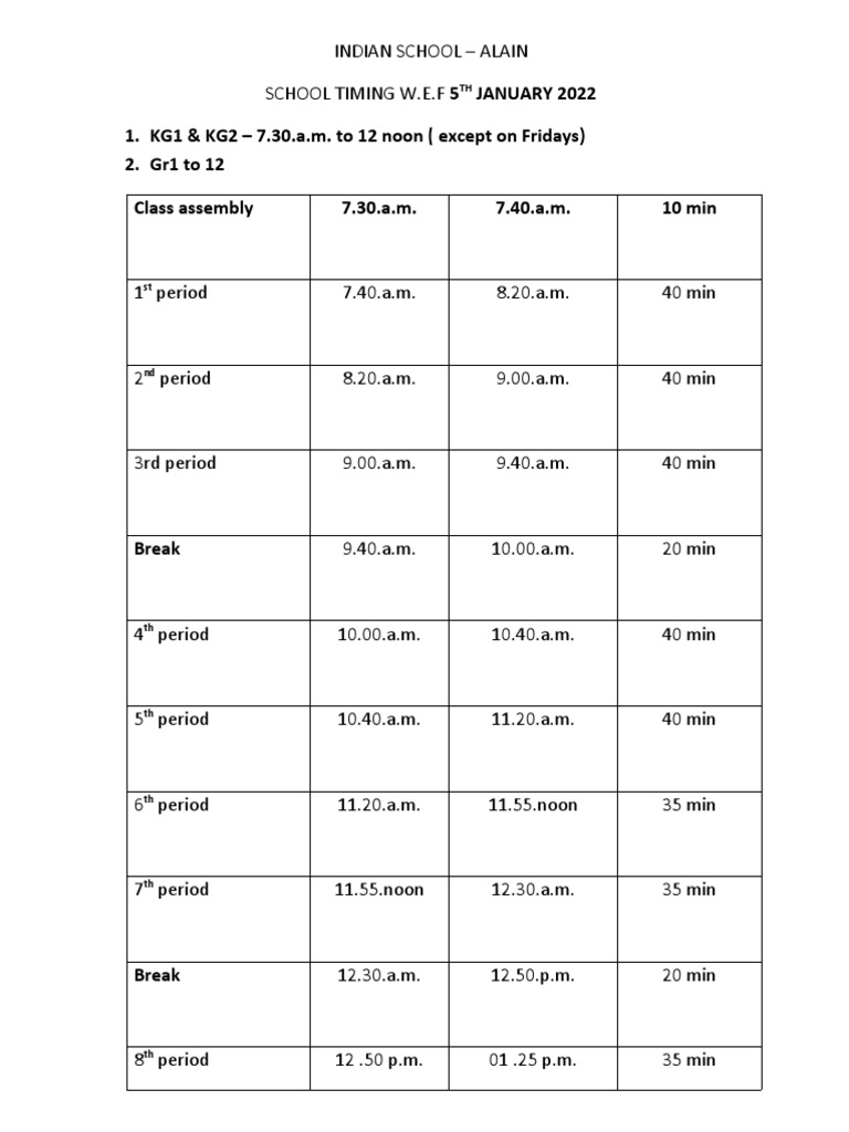 Bell Timing W.E.F 5th January 2022 | PDF