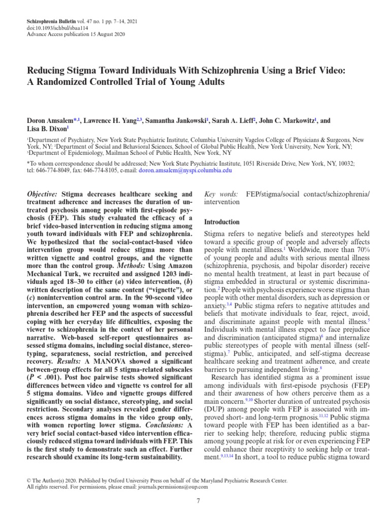 Reducing Stigma Toward Individuals With Schizophrenia Using A Brief Video-1 | PDF | Social ...