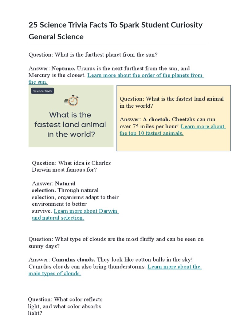 25 Science Trivia Facts To Spark Student Curiosity General Science | PDF