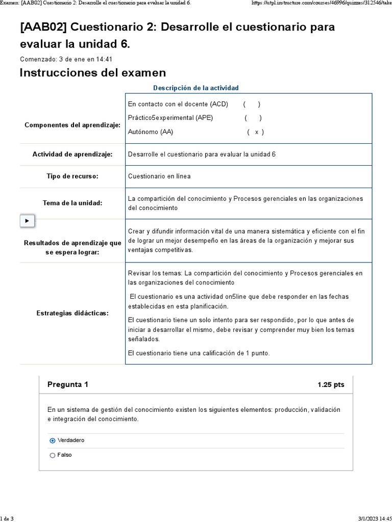 Examen (AAB02) Cuestionario 2 Desarrolle El Cuestionario para Evaluar La Unidad 6. | PDF