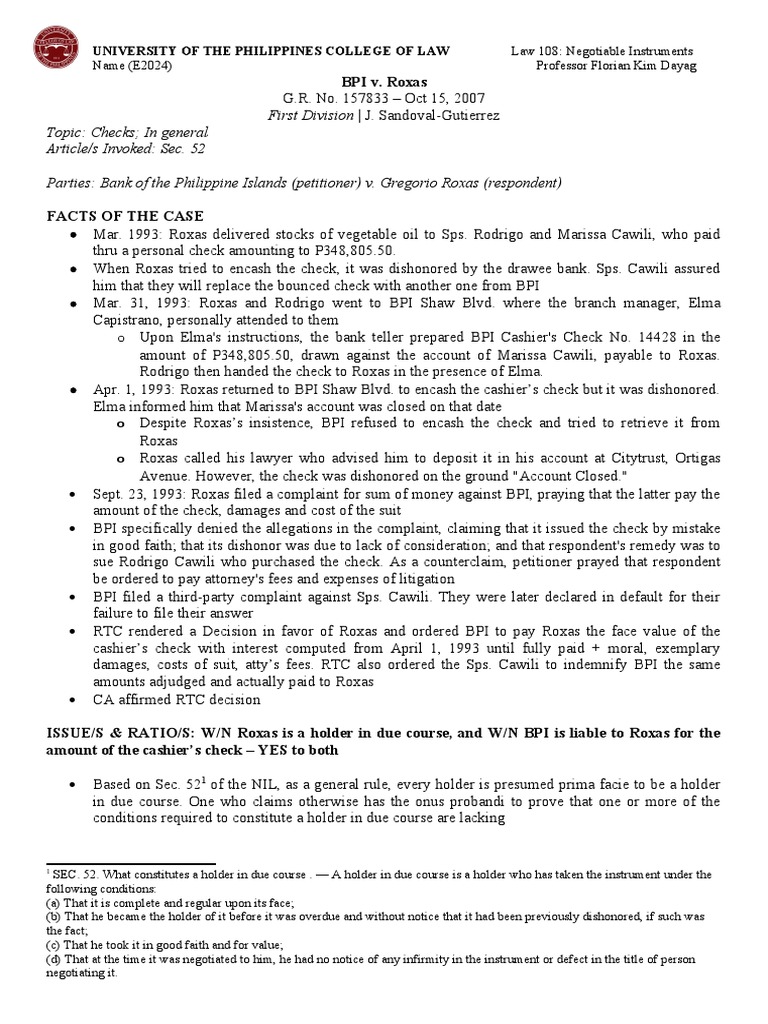 BPI v. Roxas | PDF | Cheque | Lawsuit