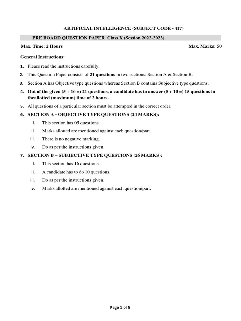Class X Pre Board AI QP | PDF | Machine Learning | Deep Learning