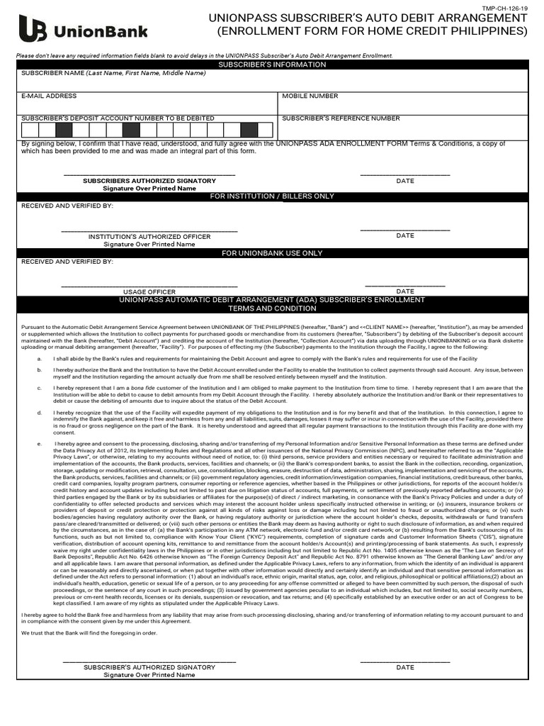 UnionPass Auto Debit Enrollment Form | PDF | Credit Card | Banks