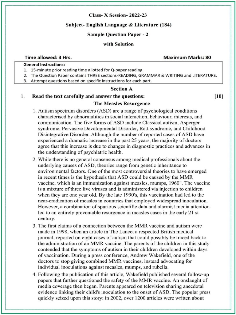 English Class X Sample Paper 02 | PDF