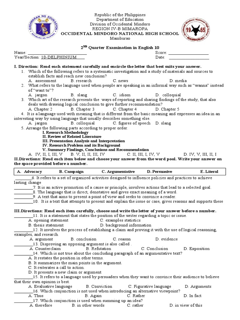 G10-English Exam 2ND Quarter | PDF | Argument | Cognition