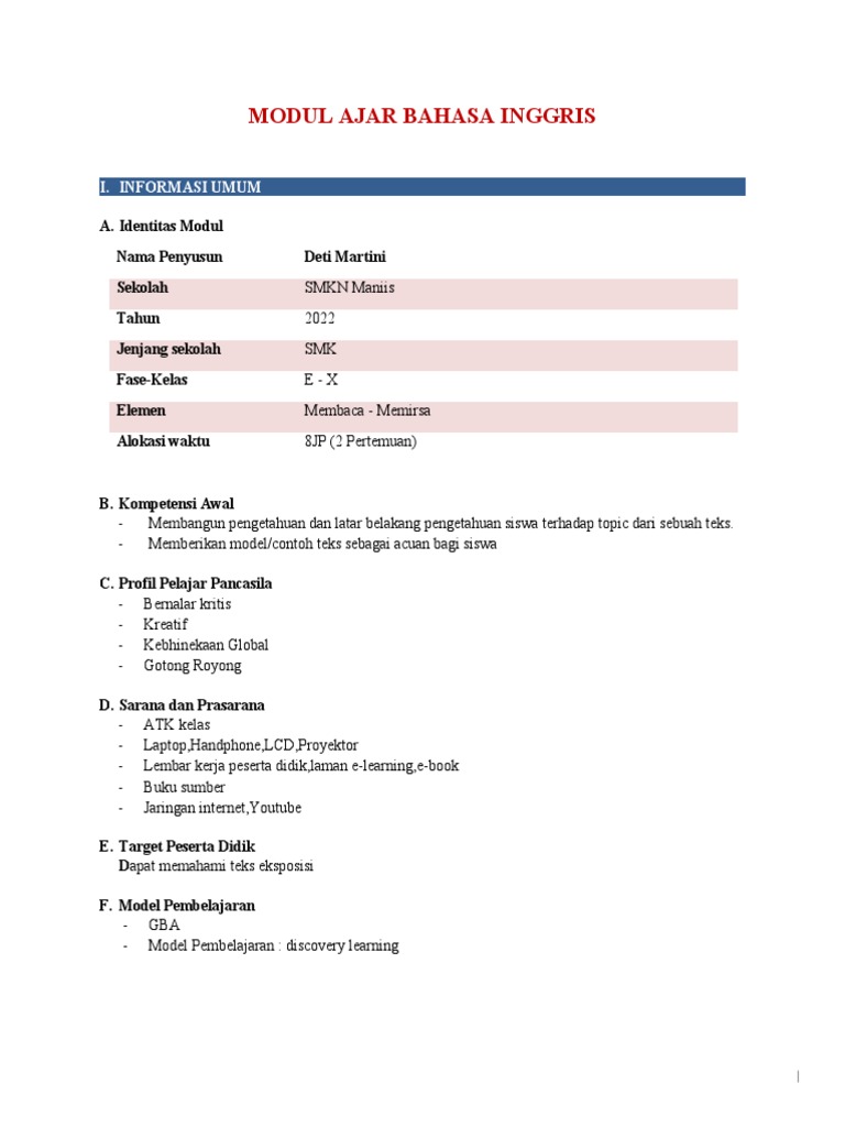 MODUL AJAR 5 (Eksposisi) 2022 | PDF