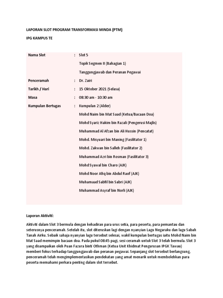 Laporan Slot Program Transformasi Minda | PDF