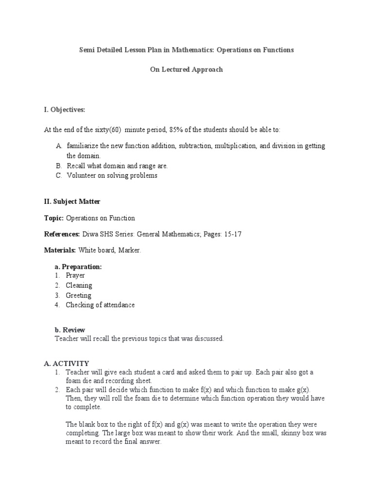 Semi-Detailed Lesson Plan For Operation of Functions (Discovery and ...