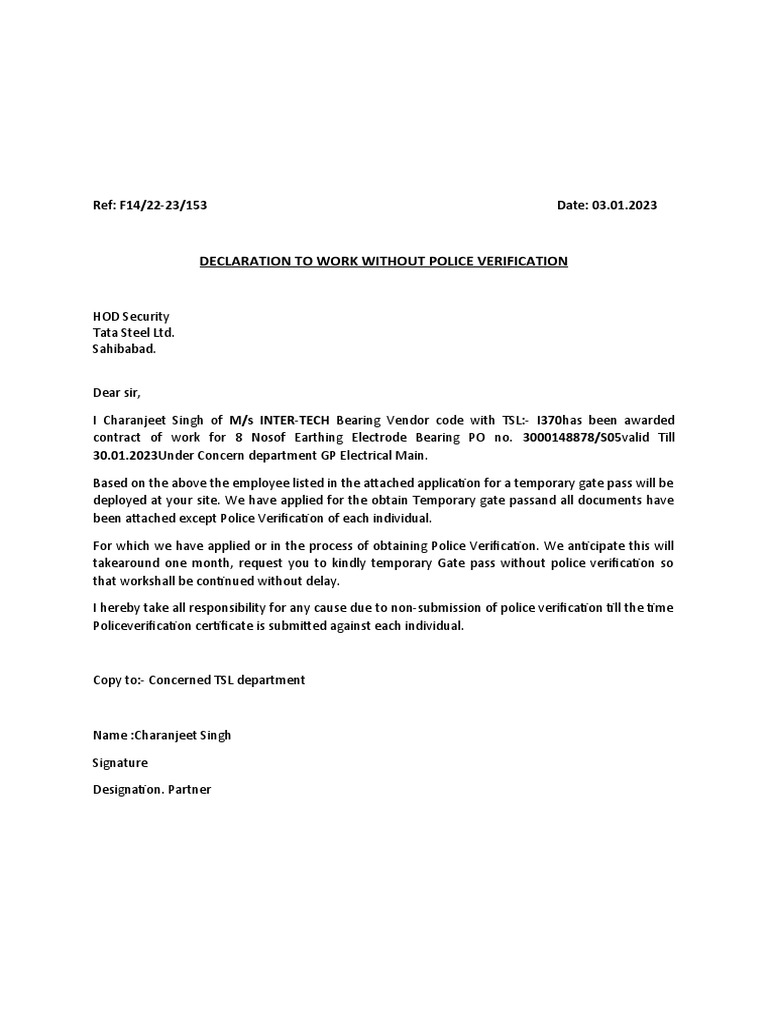 TATA Steel Police Verification Declaration | PDF