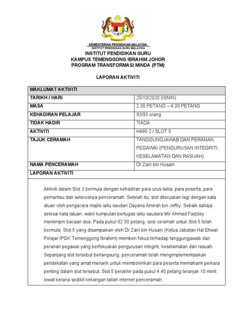 Hari 2 Slot 5 Laporan Aktiviti PTM 2021 | PDF