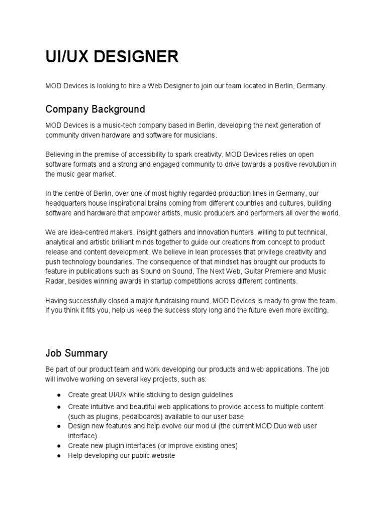 Job Description - UI UX Designer | Download Free PDF | User Interface ... Job Description - UI UX Designer | Download Free PDF | User Interface ...