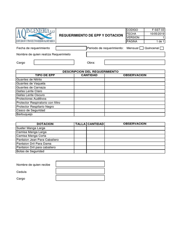 Formato de Solicitud de Requerimiento de Epp y Dotacion | PDF
